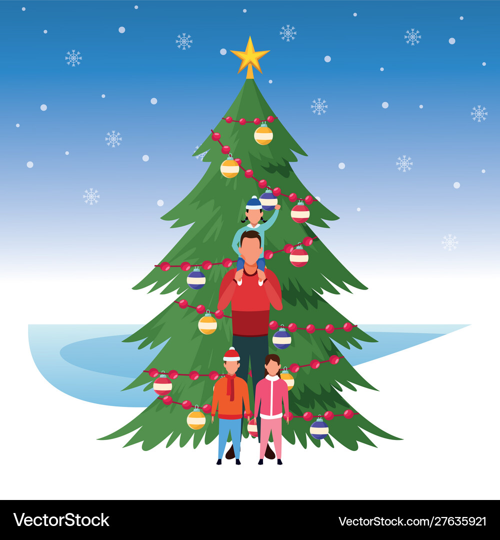Christmas tree and man with kids merry Royalty Free Vector