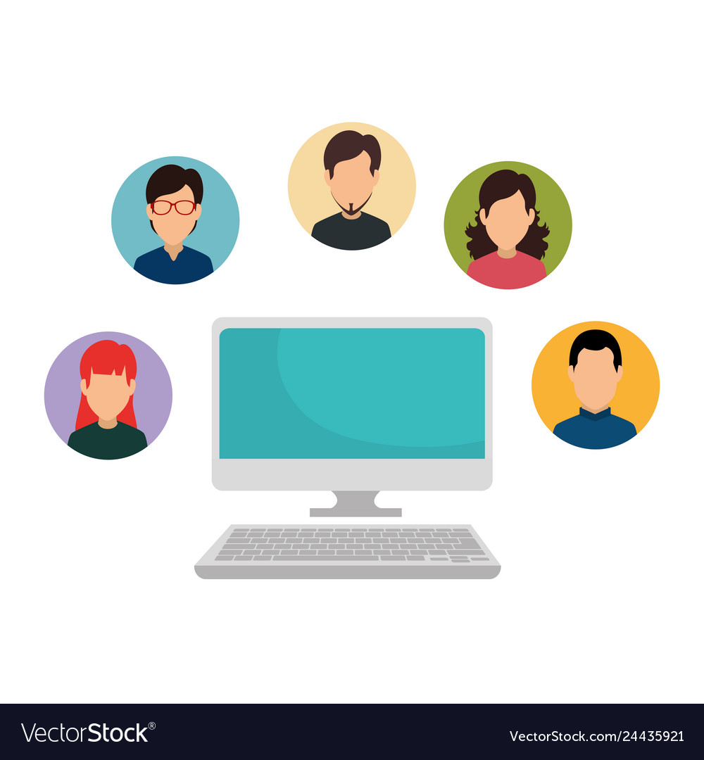 Computer with community people Royalty Free Vector Image