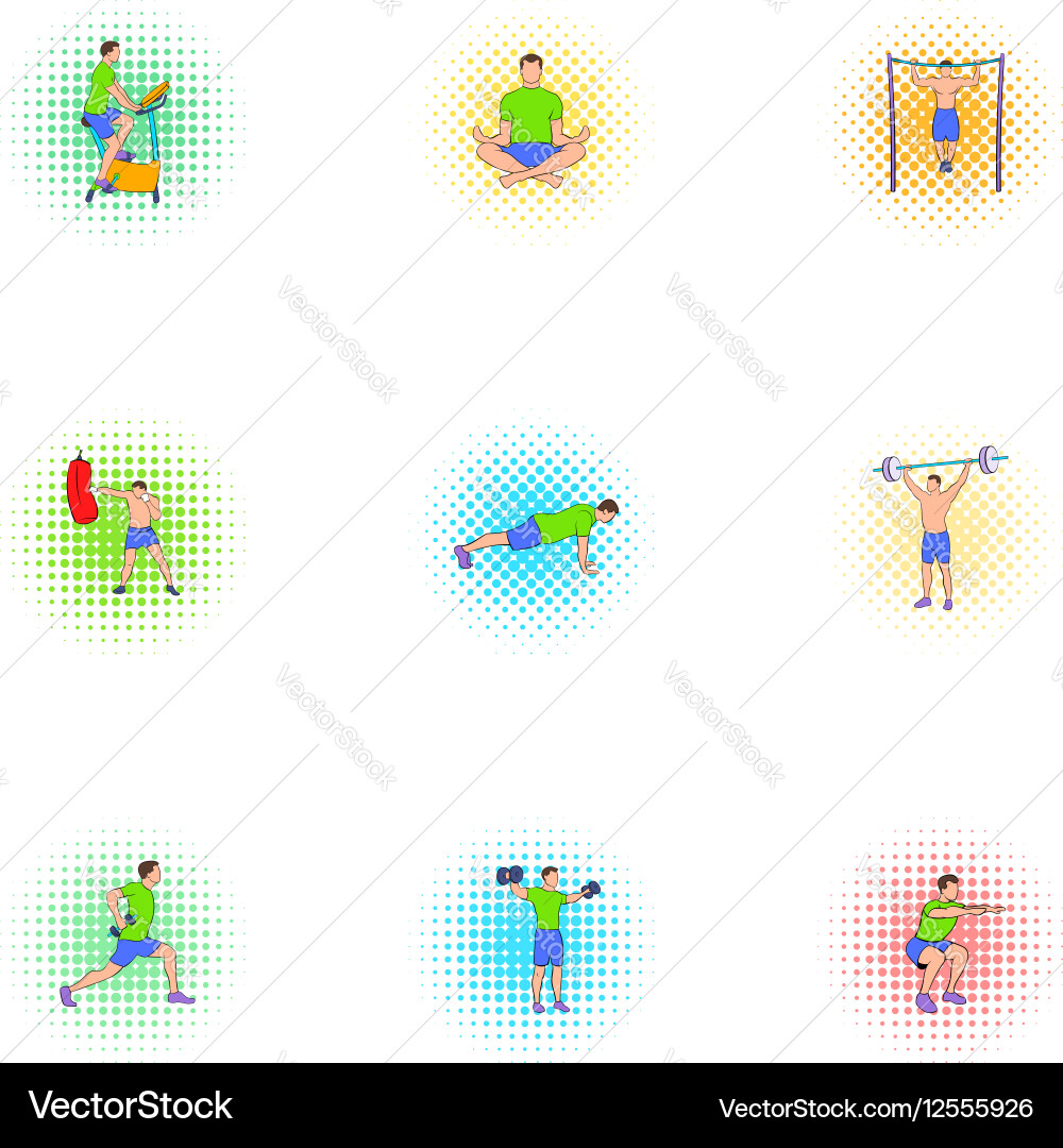 Classes in gym icons set pop-art style Royalty Free Vector