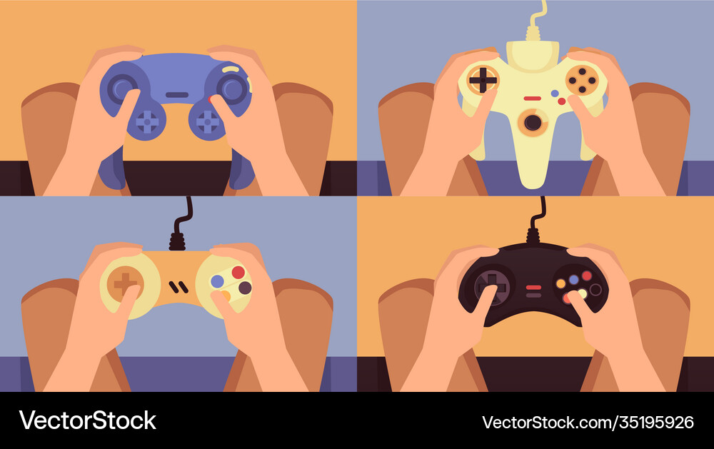 Human hands hold video game consoles Royalty Free Vector