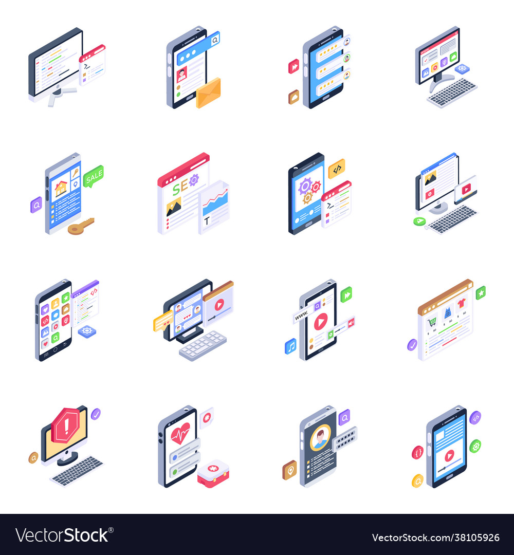 Pack web and smartphone technology isometric ic Vector Image