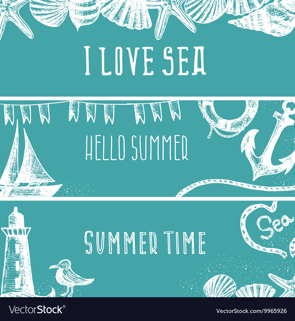 Set of hand drawn sea themed banners Royalty Free Vector