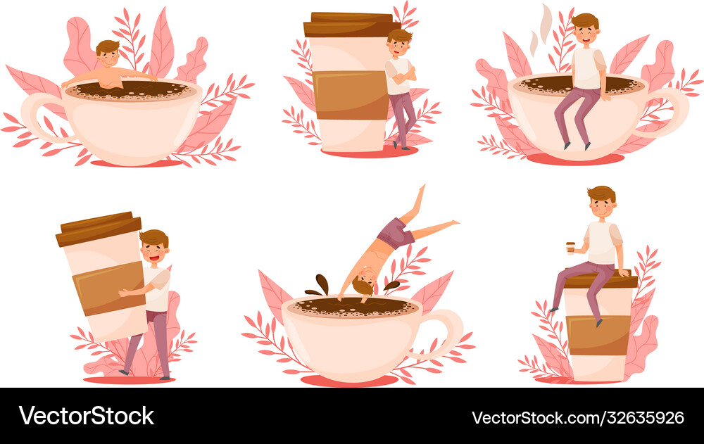 Young man character and huge coffee cup Royalty Free Vector