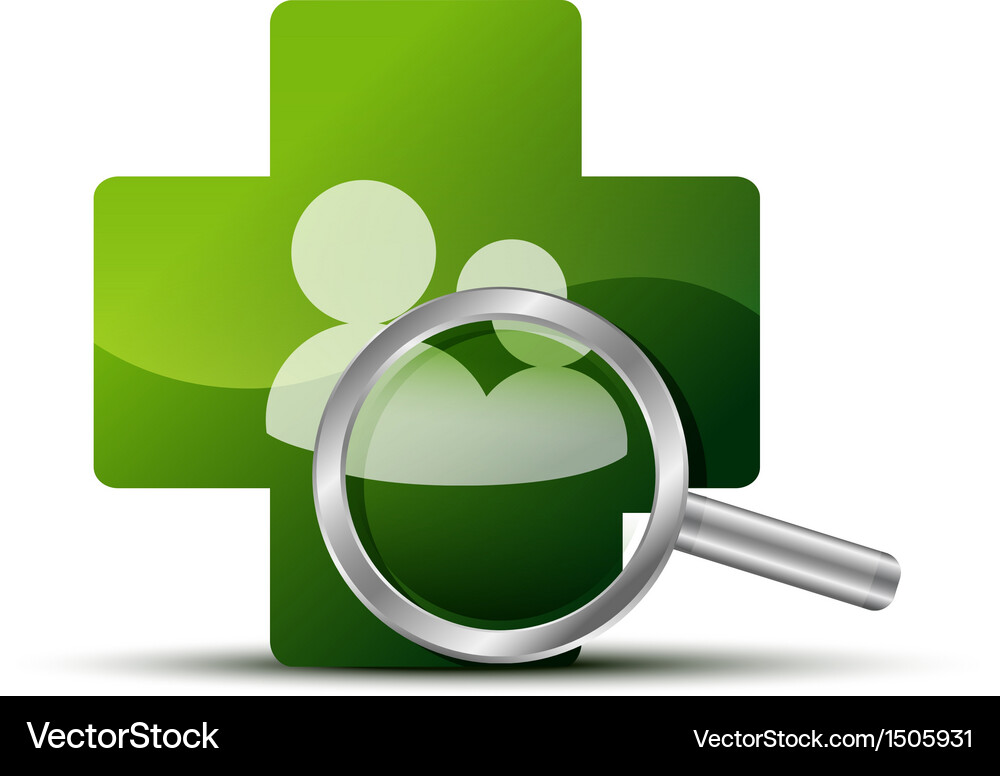 Green cross with a magnifying glass Royalty Free Vector