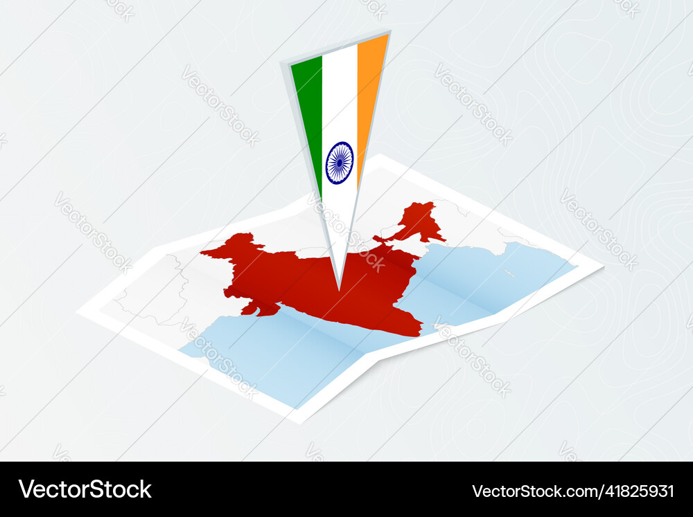 Isometric paper map of india with triangular flag Vector Image