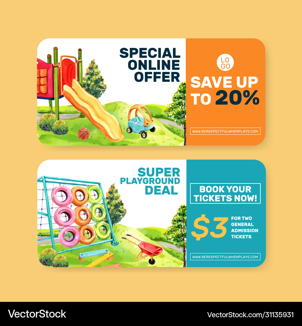 Playground ticket design with slide wheelbarrow Vector Image