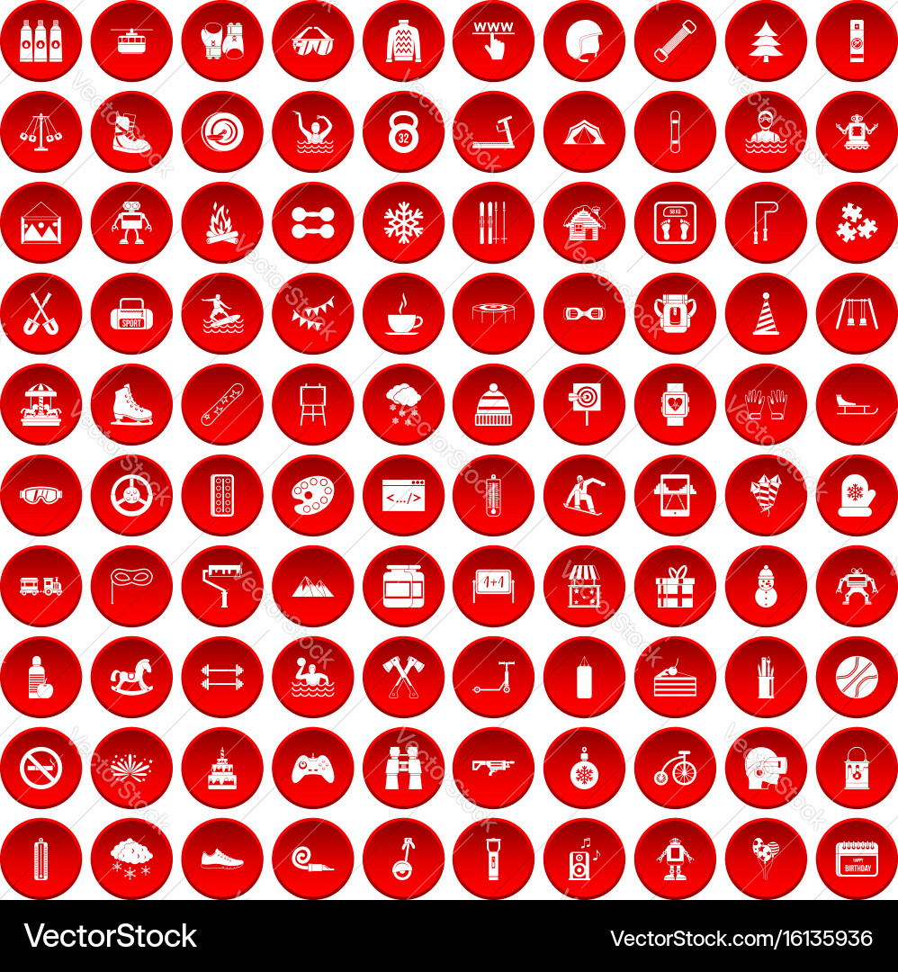 100 children activities icons set red Royalty Free Vector
