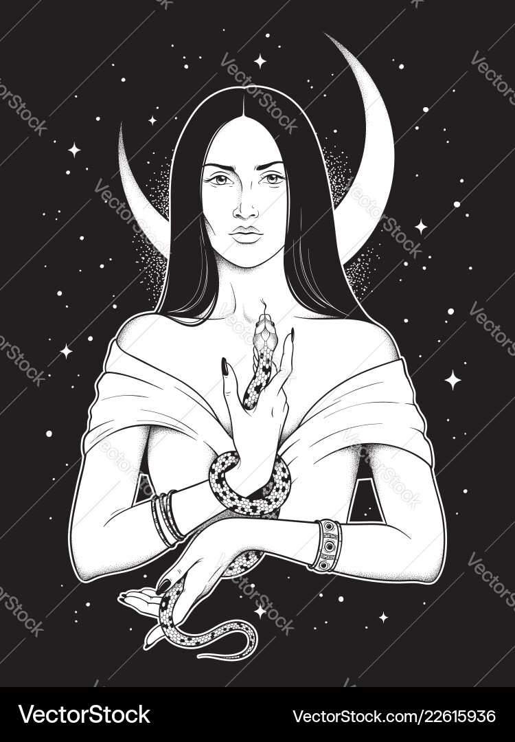 Beautiful brunette witch with serpent in her hands
