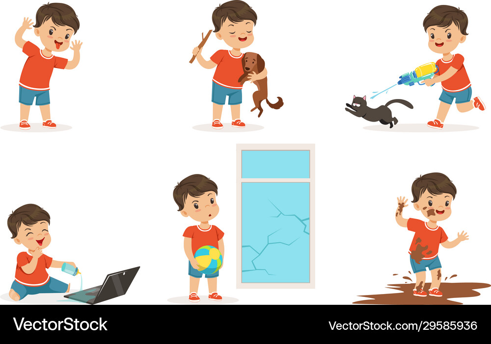 Cute bully boy in different situations set funny Vector Image