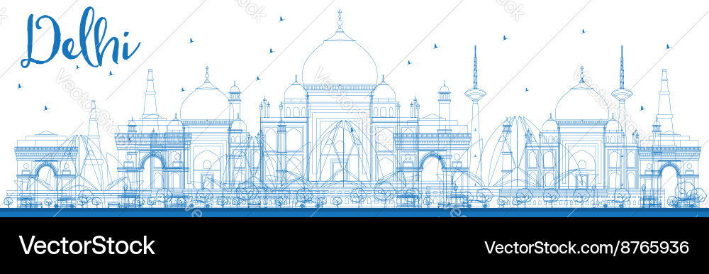 Outline Delhi skyline with blue landmarks Vector Image