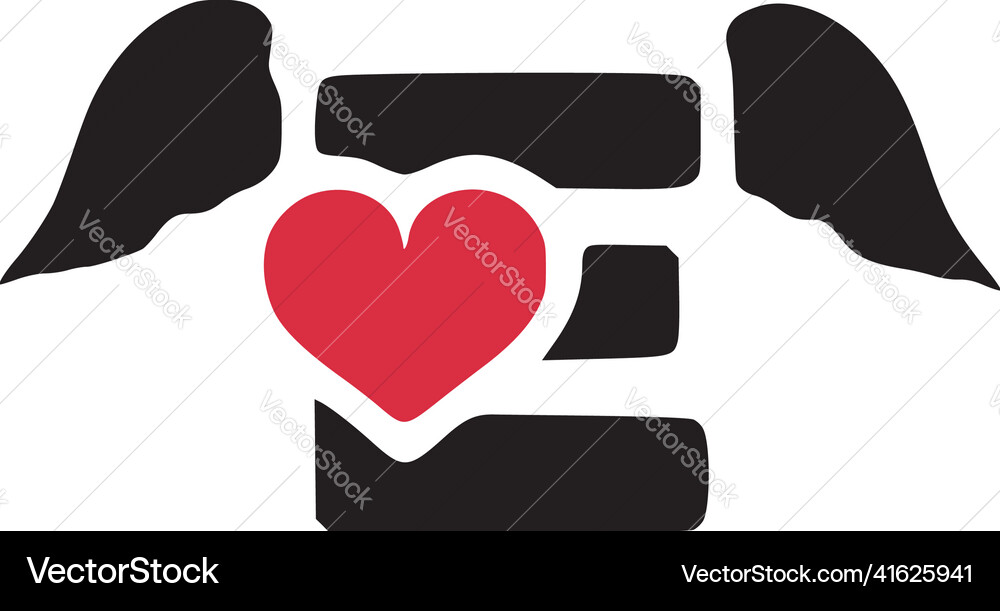 Letter e with wings and heart symbol doodle icon Vector Image