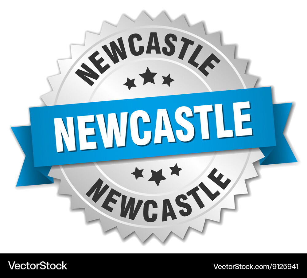 Newcastle round silver badge with blue ribbon Vector Image