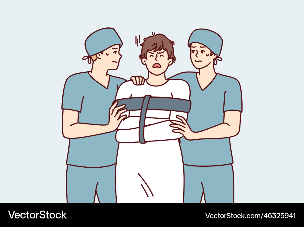 Two orderlies lead crazy man in straitjacket Vector Image