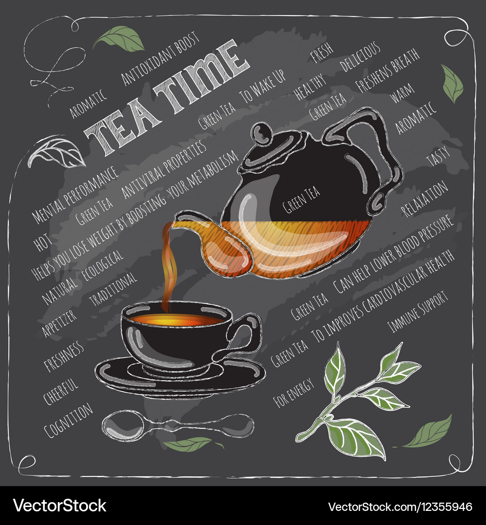 Green tea time card with cup teapot and spoon Vector Image