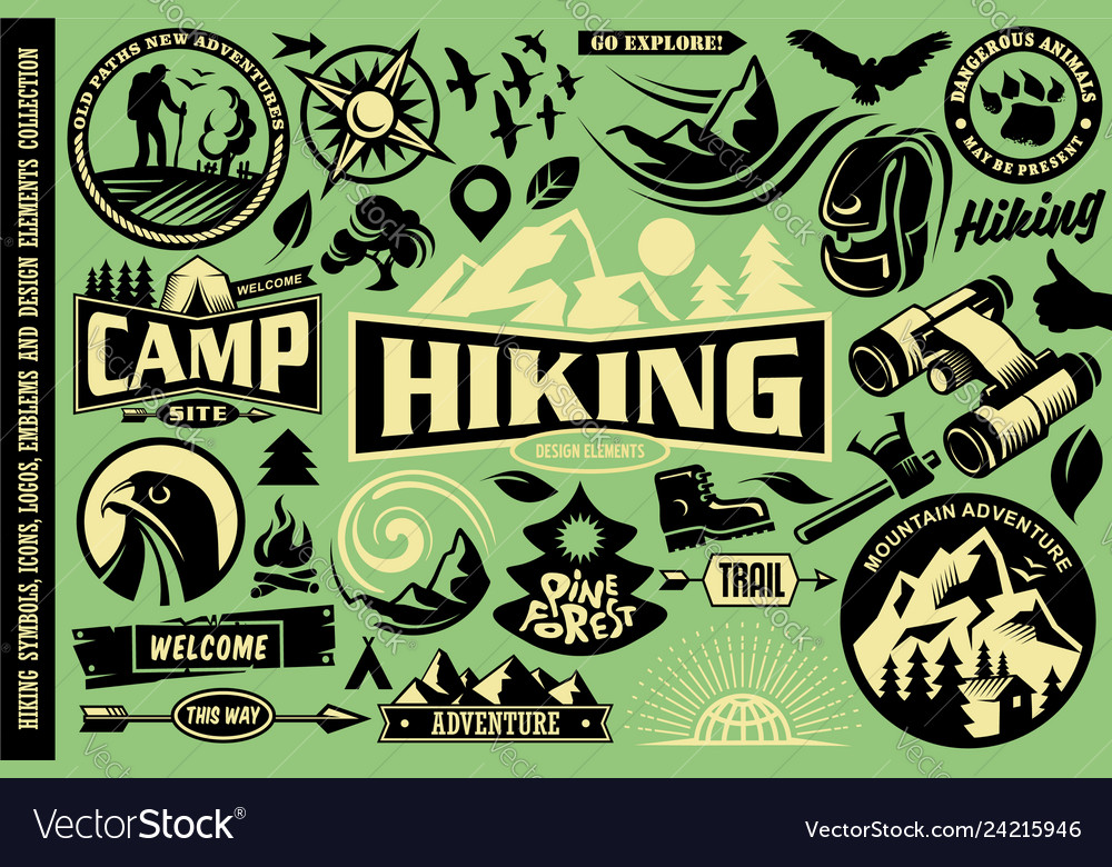 Hiking design elements set Royalty Free Vector Image