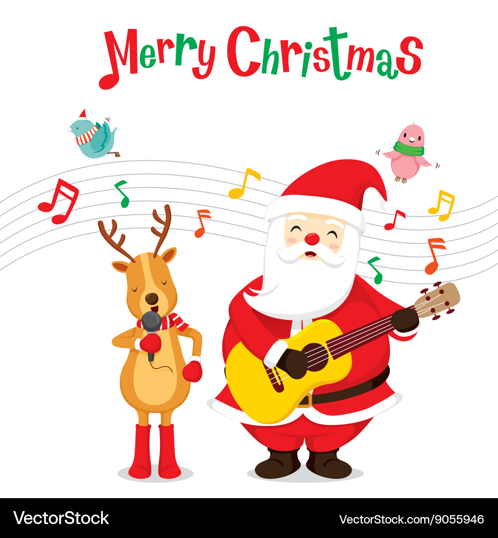 Reindeer and santa singing playing guitar Vector Image