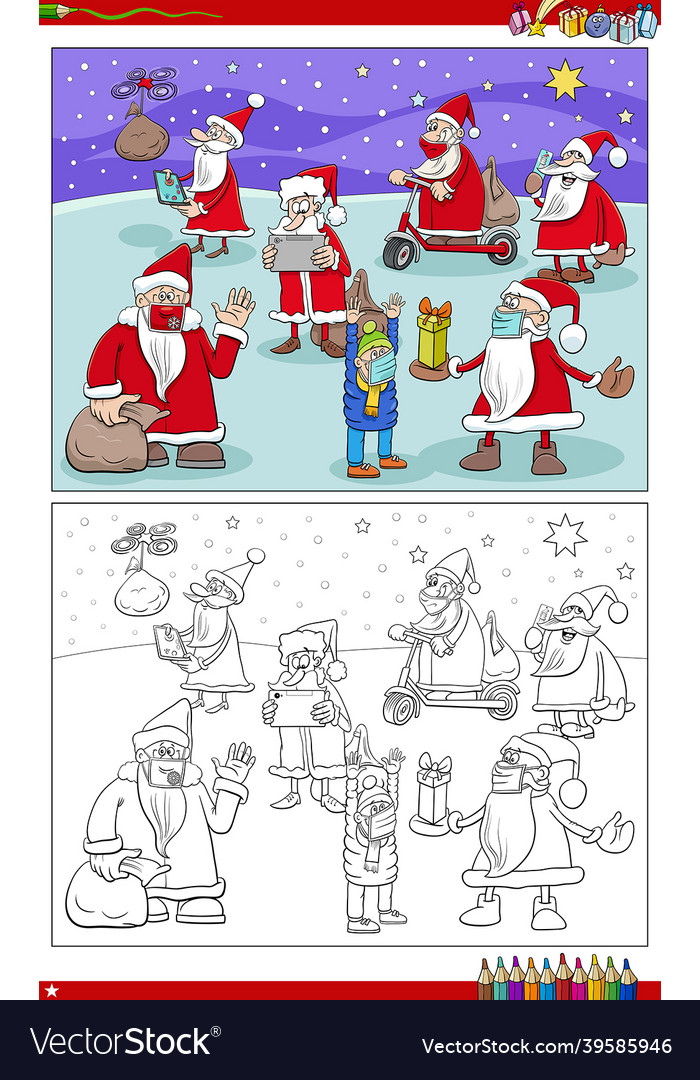 Santa claus group on christmas time coloring book Vector Image