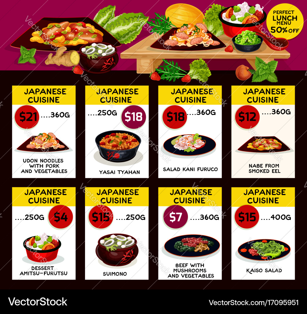 Menu for japanese cuisine restaurant Royalty Free Vector