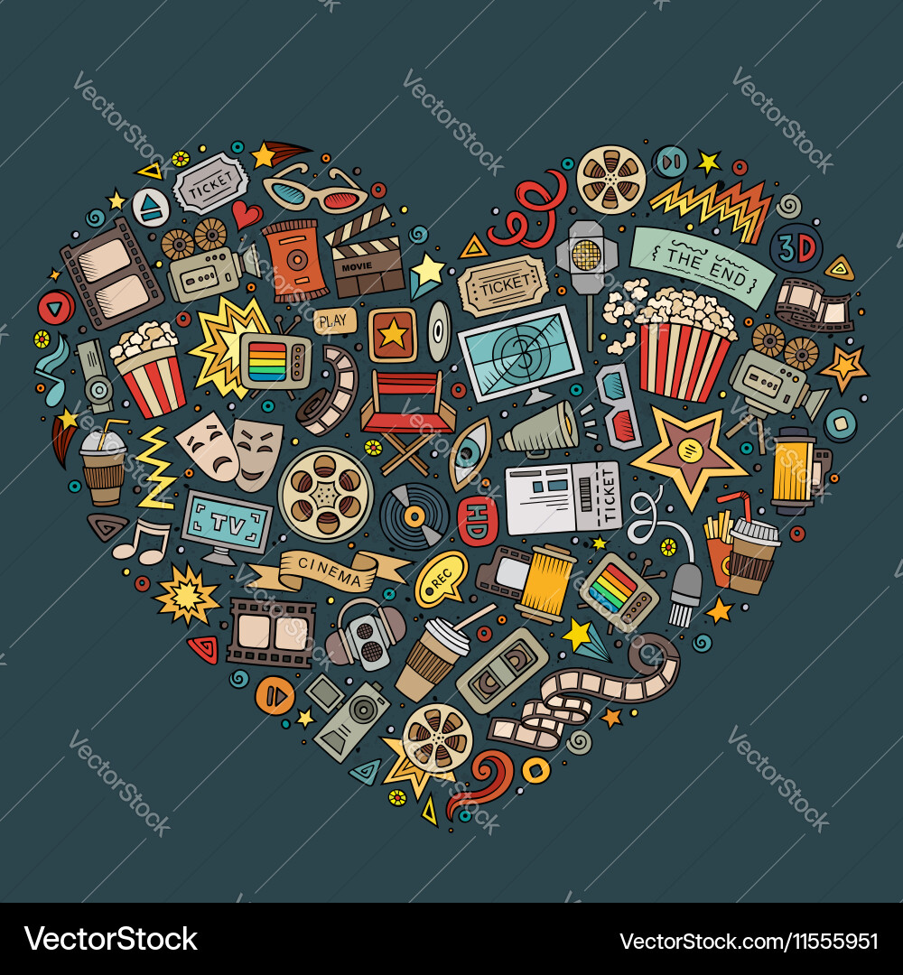 Set of cinema cartoon doodle objects Royalty Free Vector