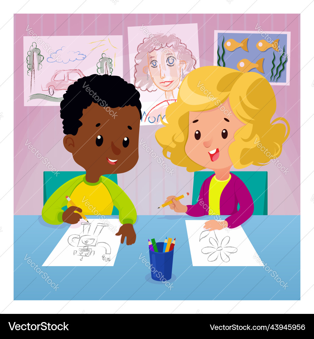 Children draw at the table with colored pencils Vector Image