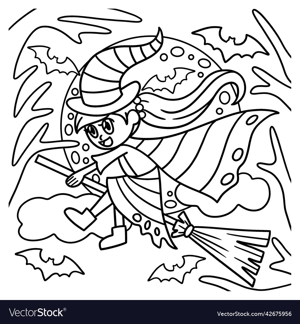 Witch riding on a broom halloween coloring page Vector Image