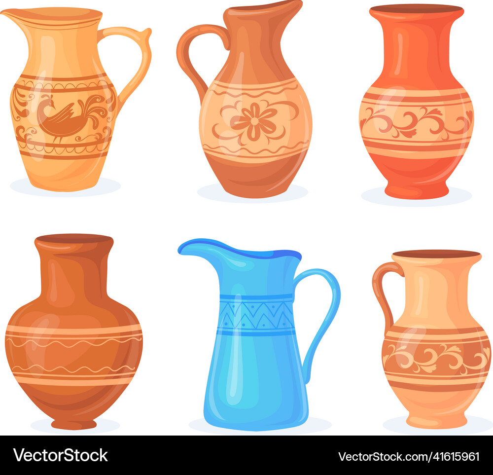Cartoon rustic pottery clay jars bowl dish pot Vector Image