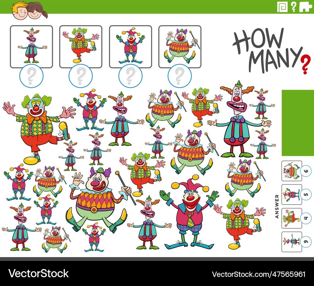 How many cartoon clowns characters counting game Vector Image