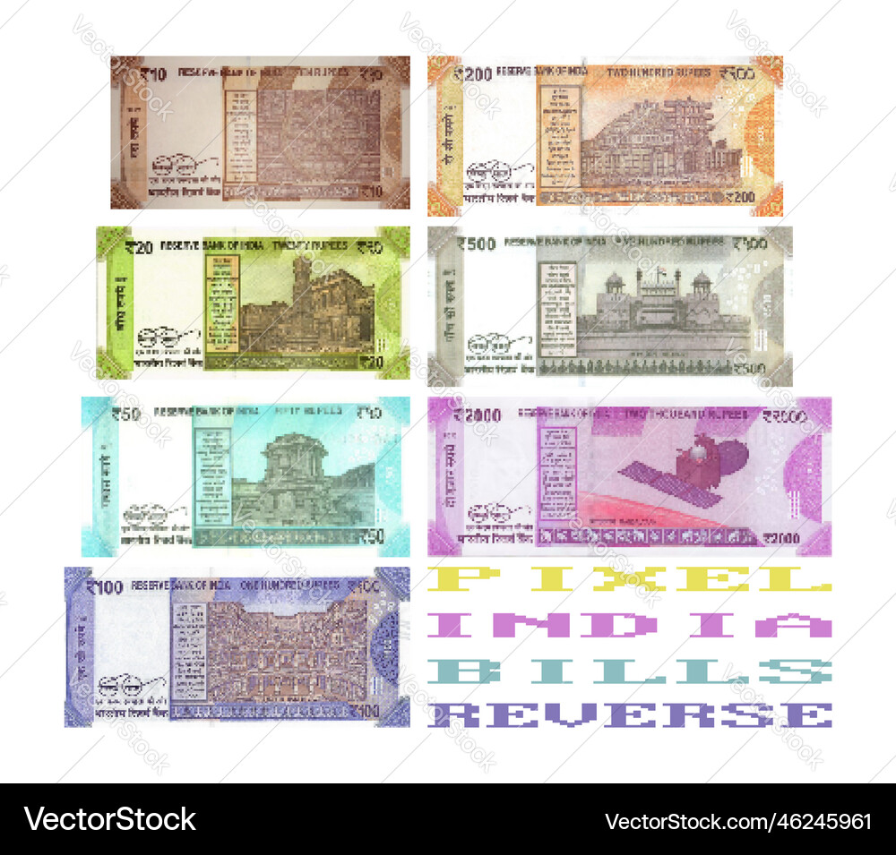 Pixel mosaic set of indian banknotes reverse side Vector Image