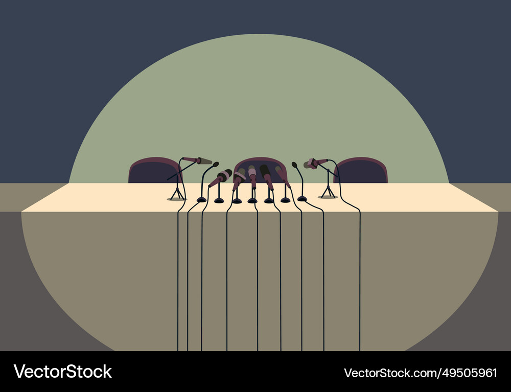 Press conference table or tribune with microphones