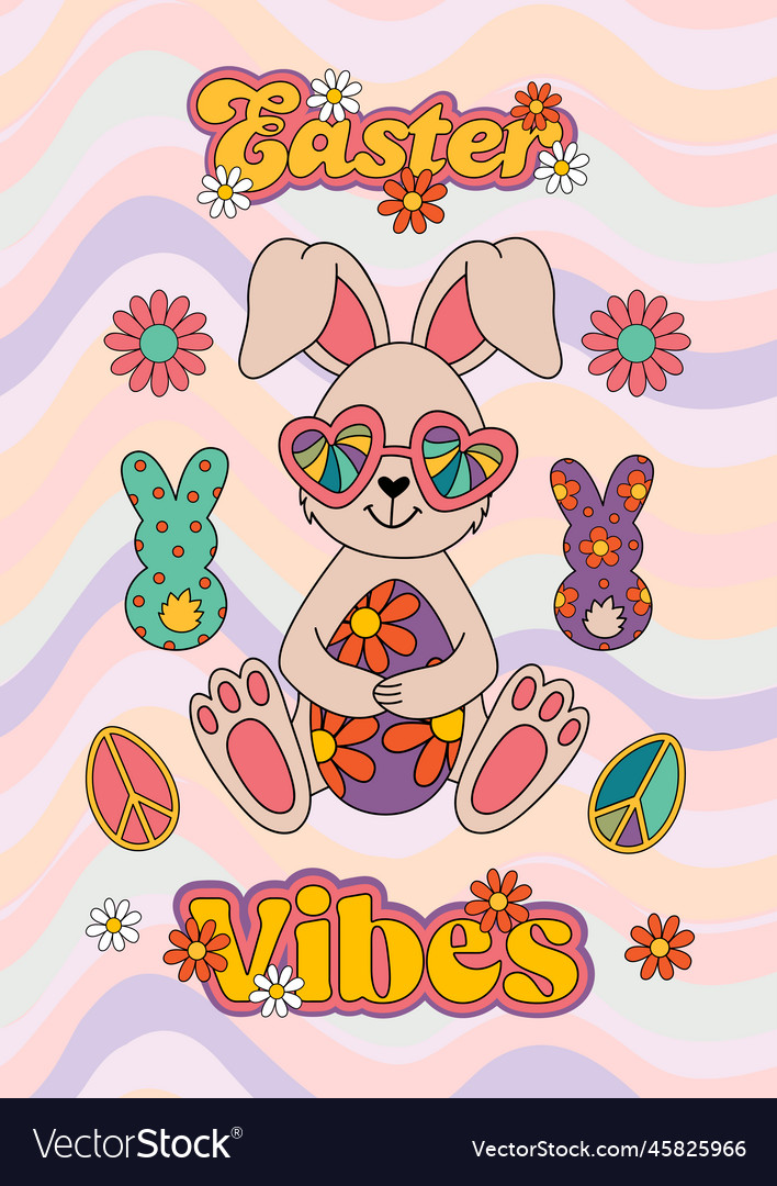 Easter card with groovy bunny and painted egg Vector Image