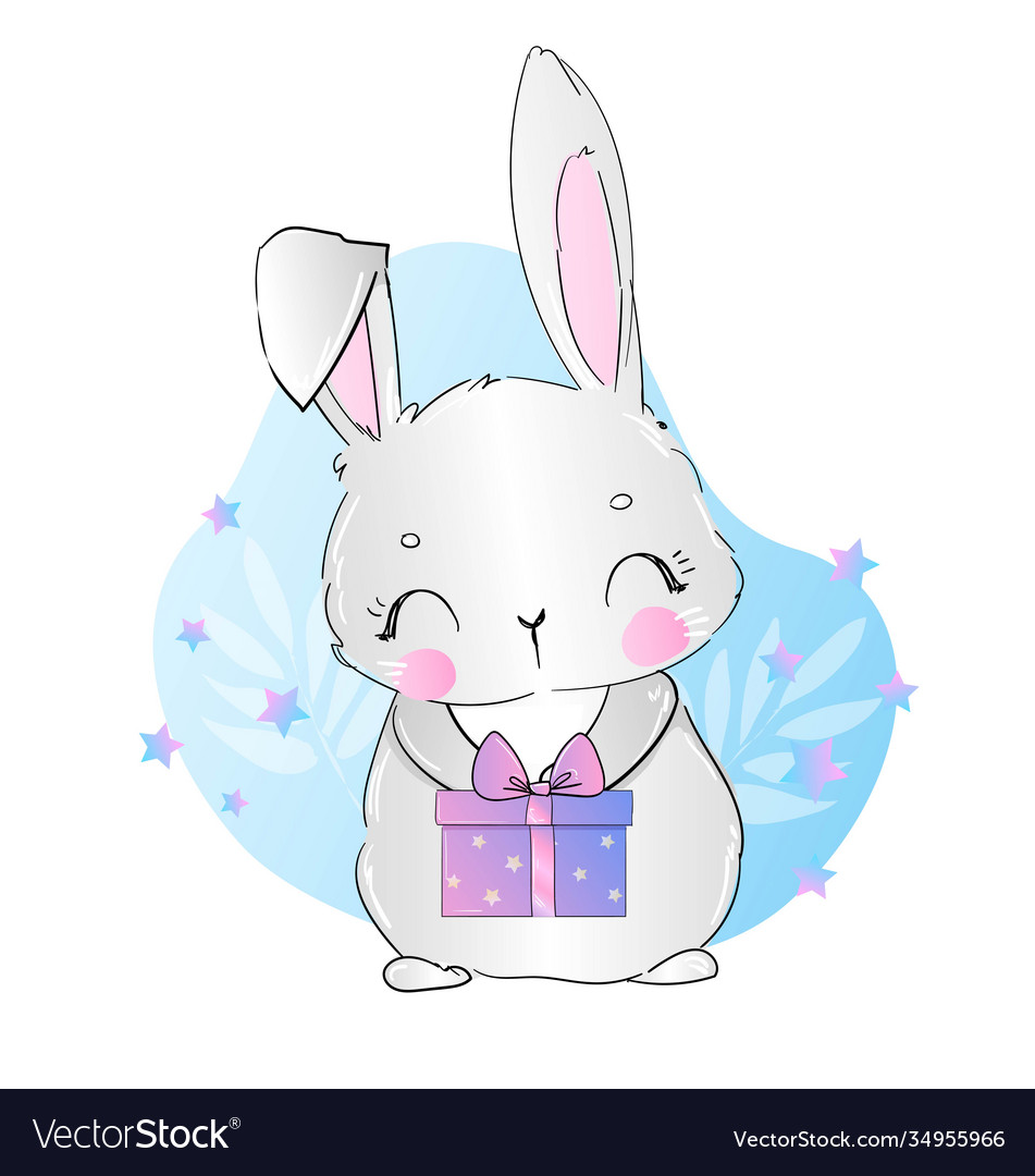 Hand drawn bunny and gift box christmas greeting Vector Image