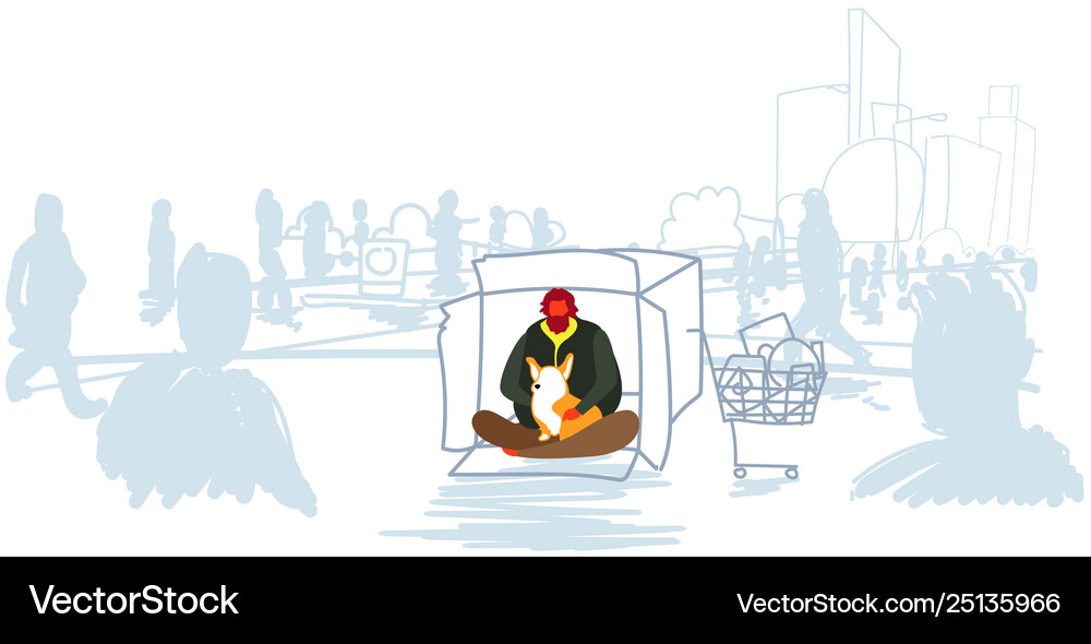 Poor man sitting with dog begging for help out Vector Image