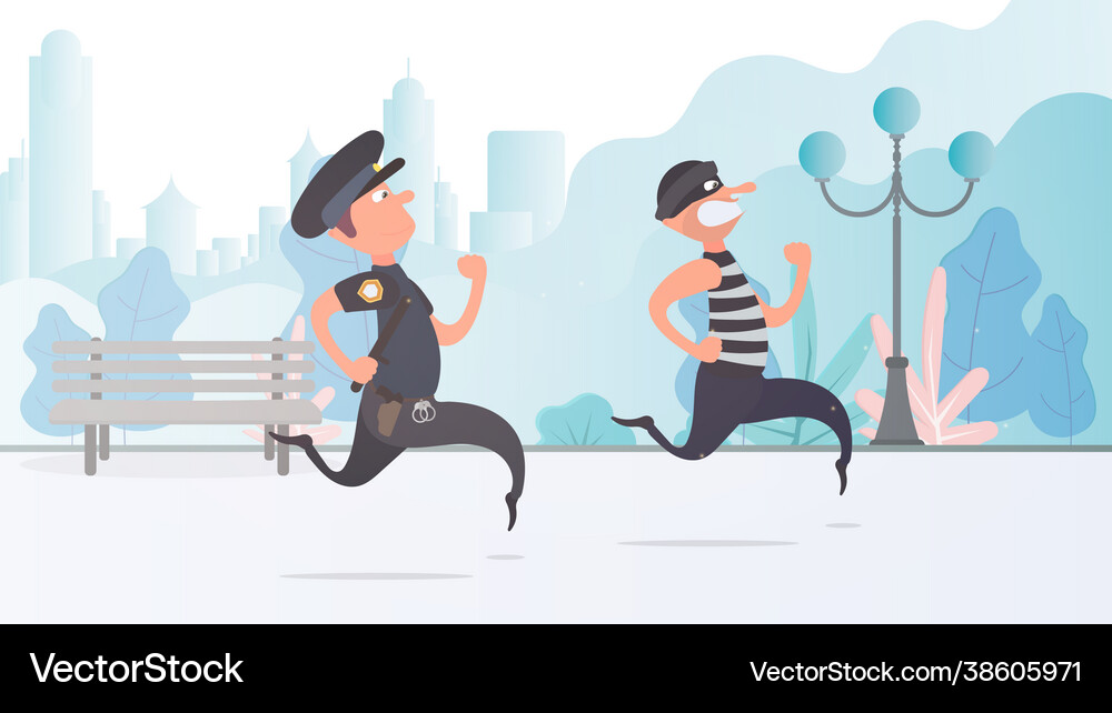 A policeman runs after thief criminal Royalty Free Vector