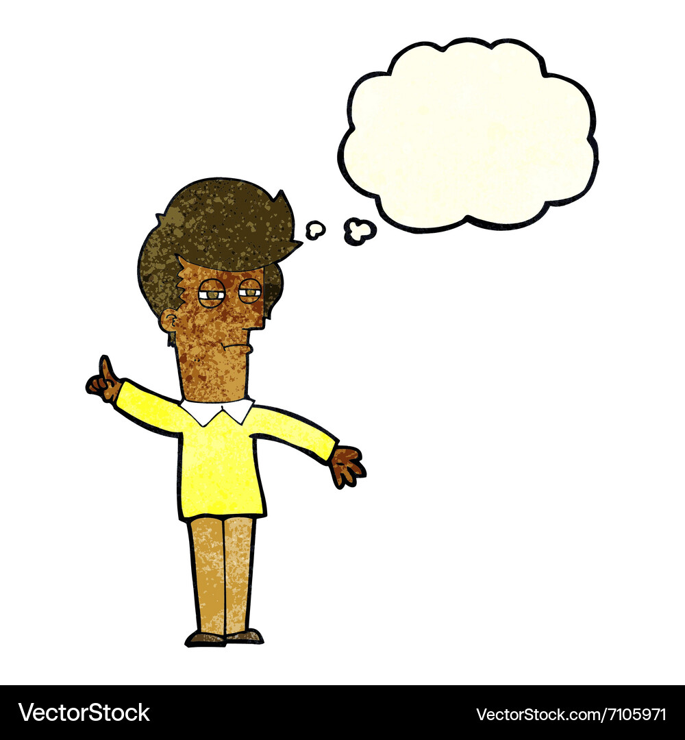 Cartoon man narrowing eyes with thought bubble Vector Image