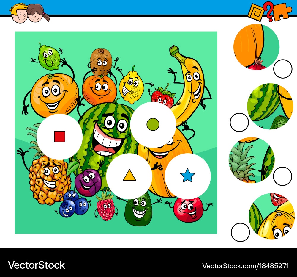 Match pieces puzzle with fruit characters Vector Image