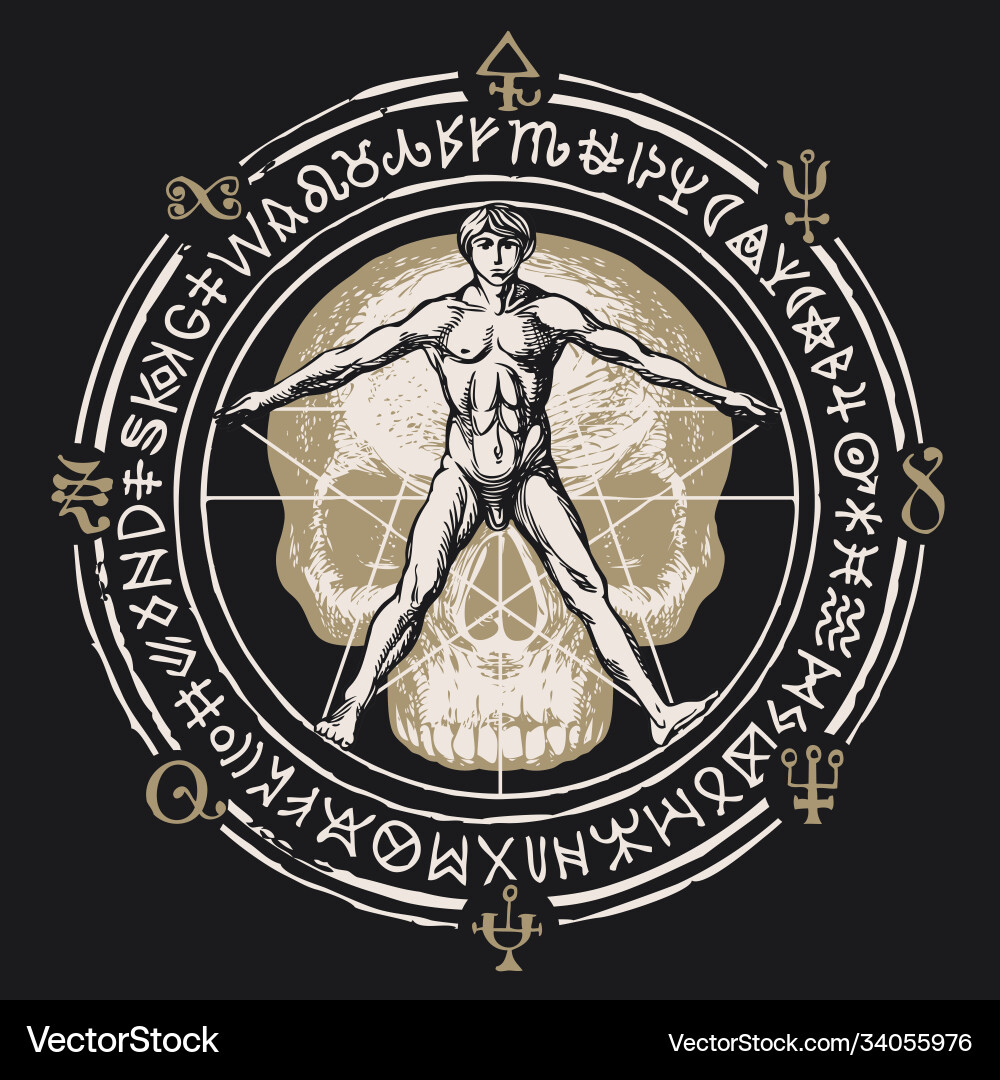 Hand drawn banner with a human figure and skull Vector Image