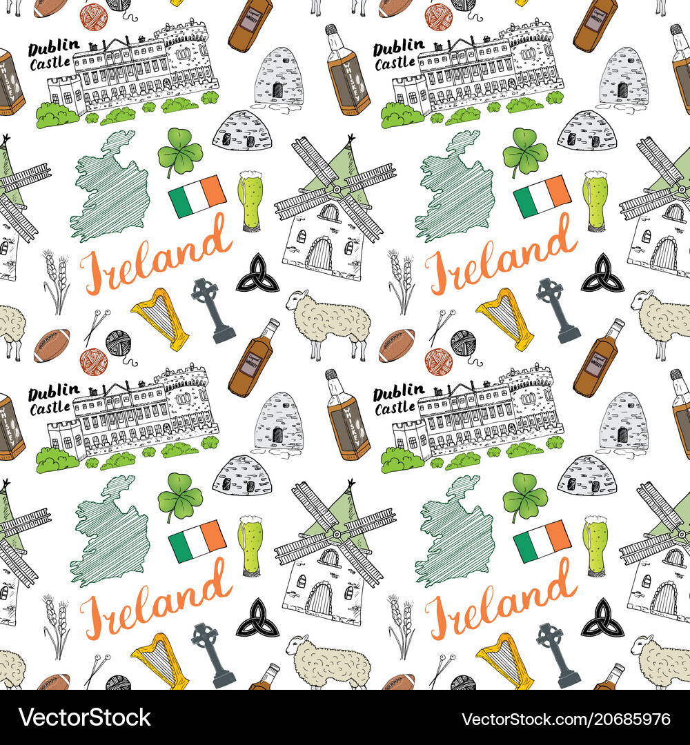 Ireland sketch doodles seamless pattern irish Vector Image