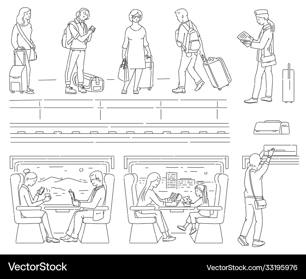 Public transportation set - cartoon people waiting