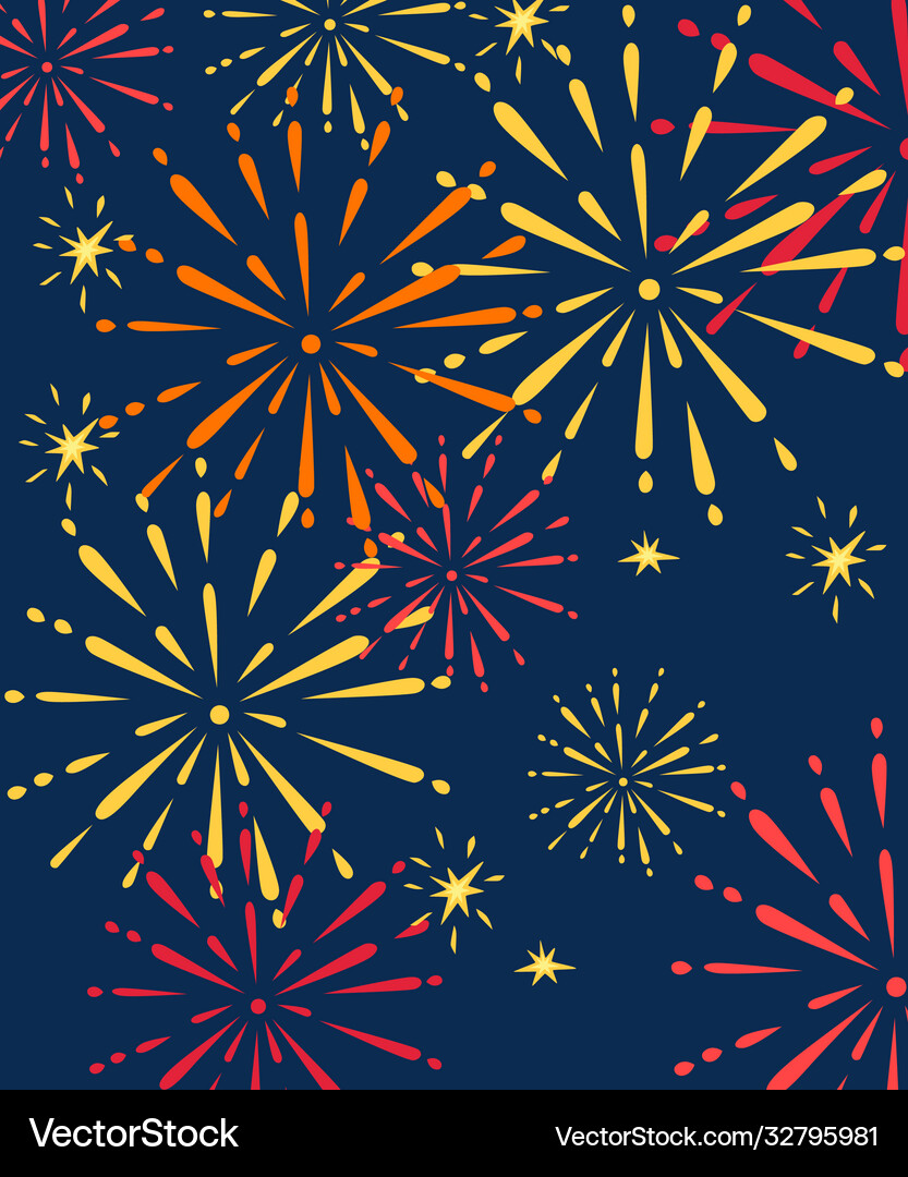 Abstract golden and red fireworks explosions flat Vector Image