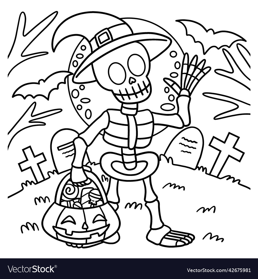 Skeleton halloween coloring page for kids Vector Image