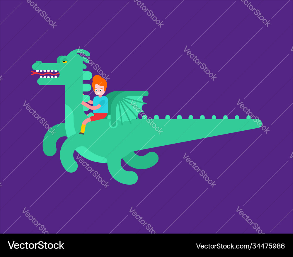Boy flies on dragon isolated fairy tale Royalty Free Vector