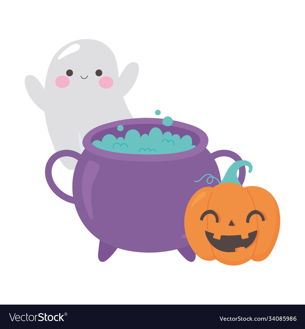 Happy halloween pumpkin ghost and cauldron Vector Image