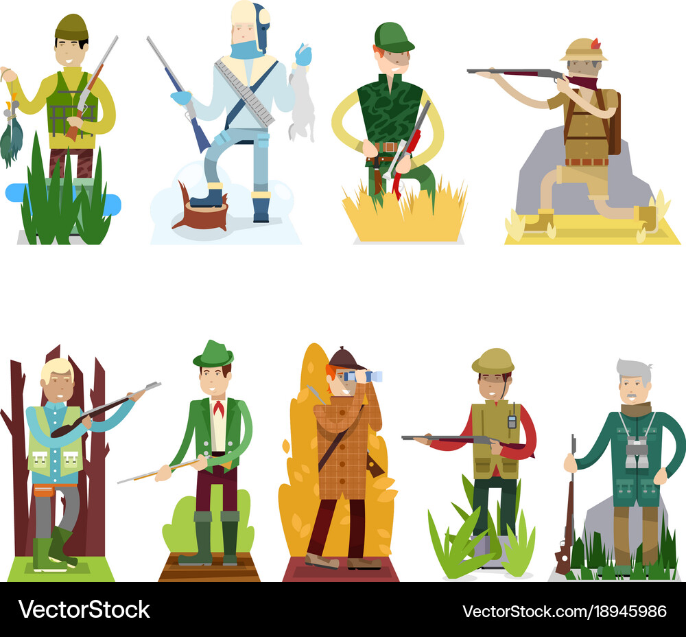 Hunter set hunting gun in forest cartoon Vector Image