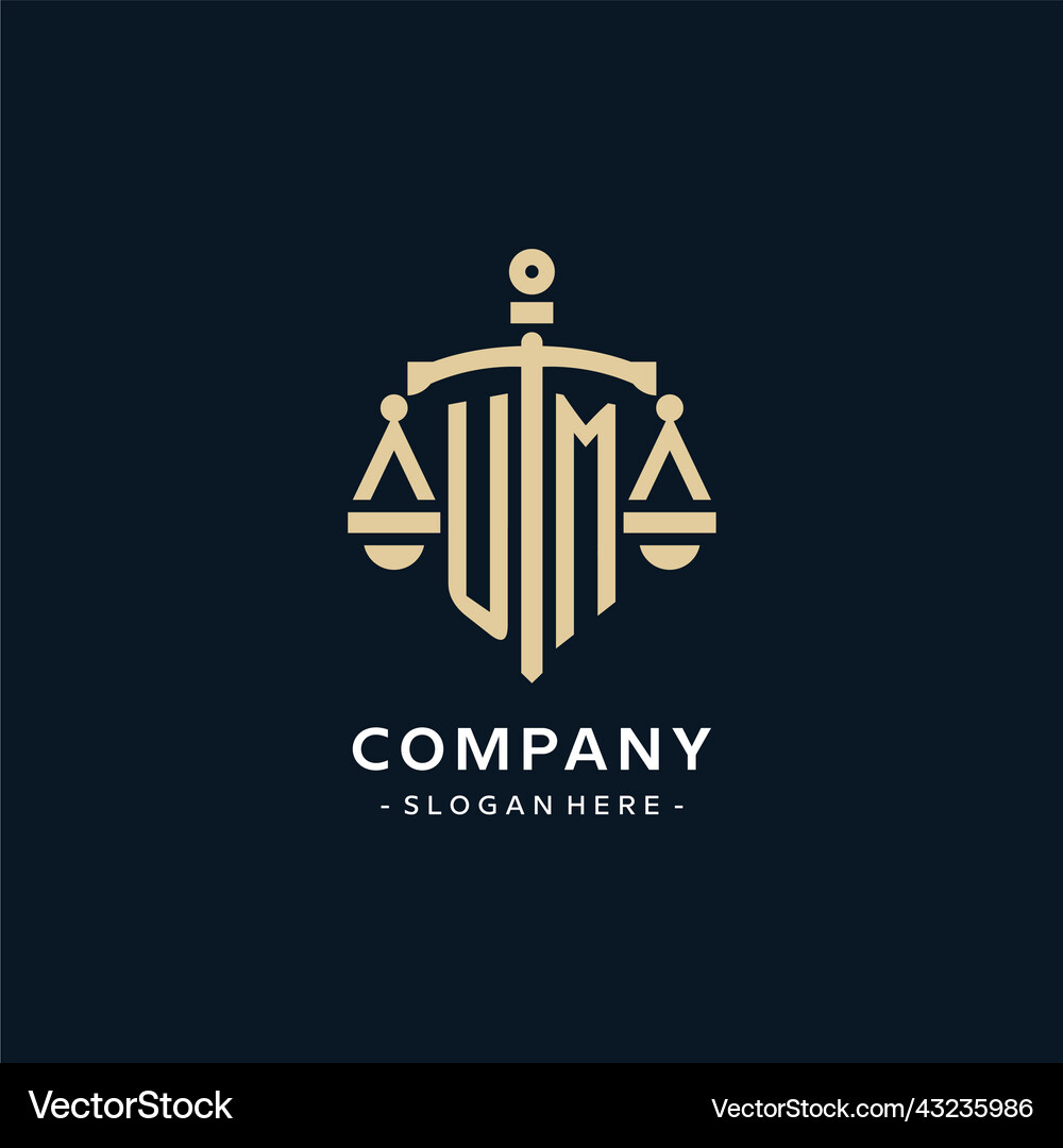 Um initial logo with scale of justice and shield Vector Image