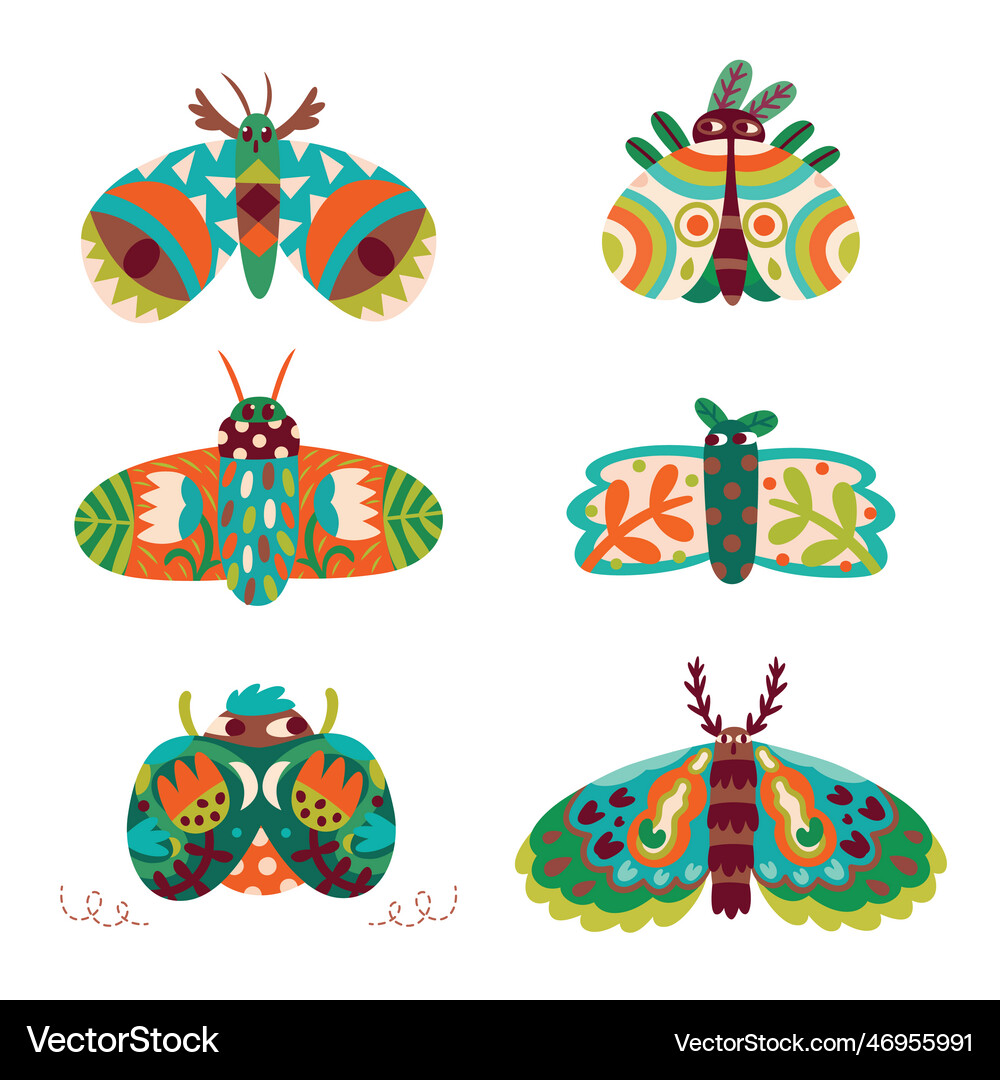 Hand drawn moth collection with floral ornaments Vector Image