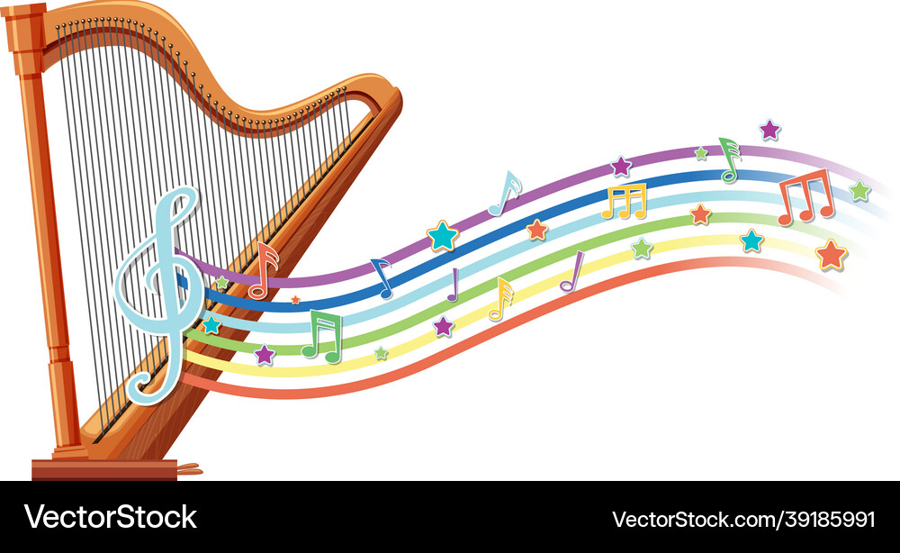 Harp with melody symbols on rainbow wave Vector Image