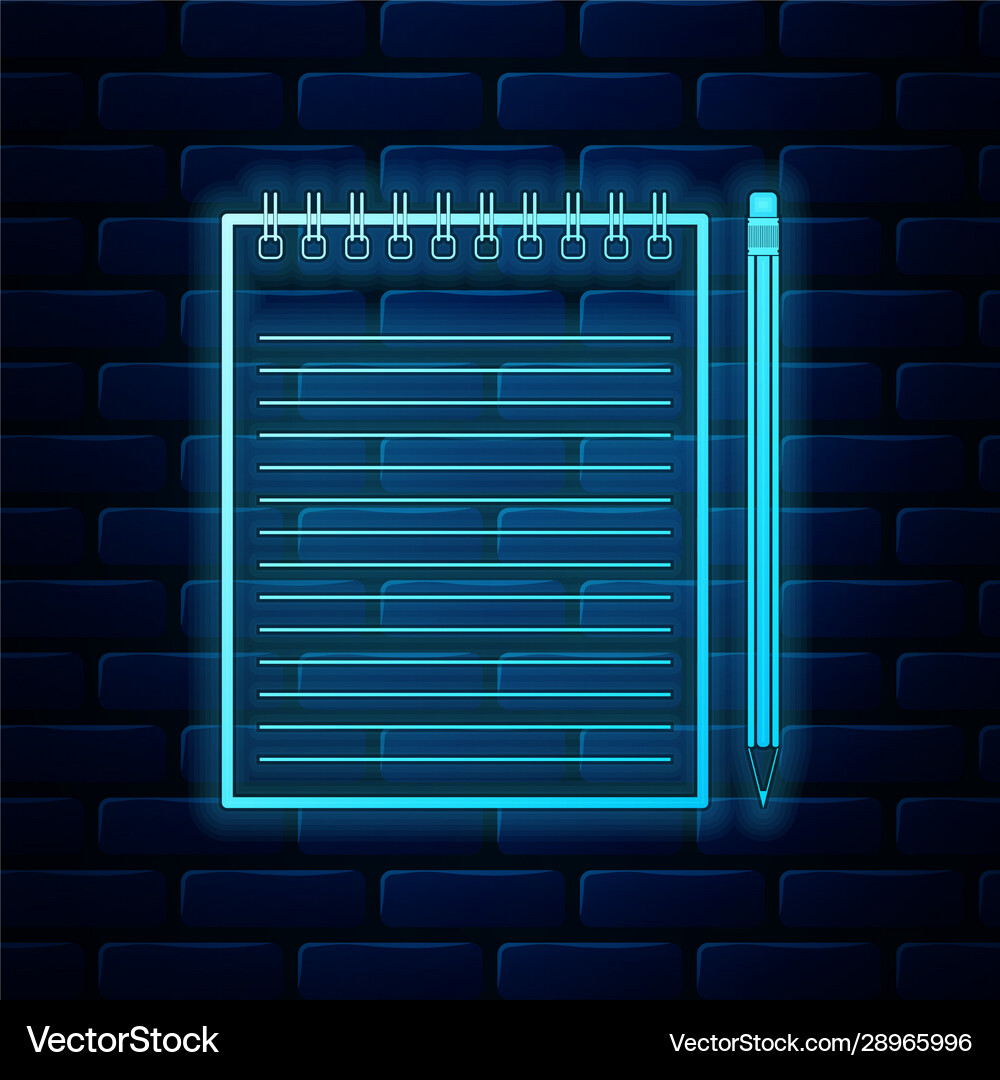 Glowing neon blank notebook and pencil with eraser