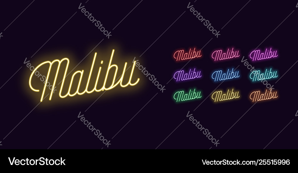 Neon lettering malibu name glowing text Royalty Free Vector