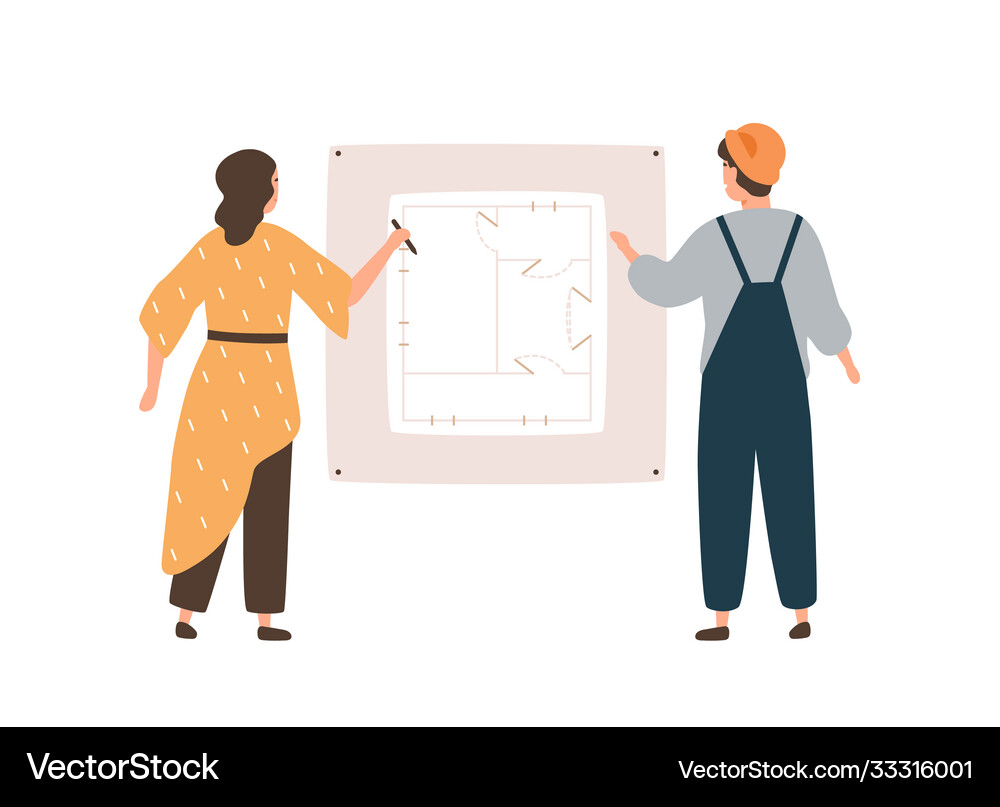 Female architect and male engineer worker drawing Vector Image