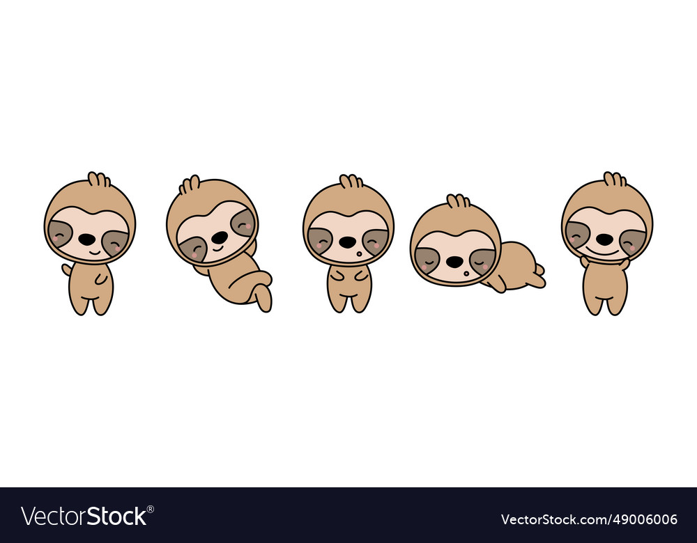 Set of cartoon isolated sloth cute kawaii Vector Image